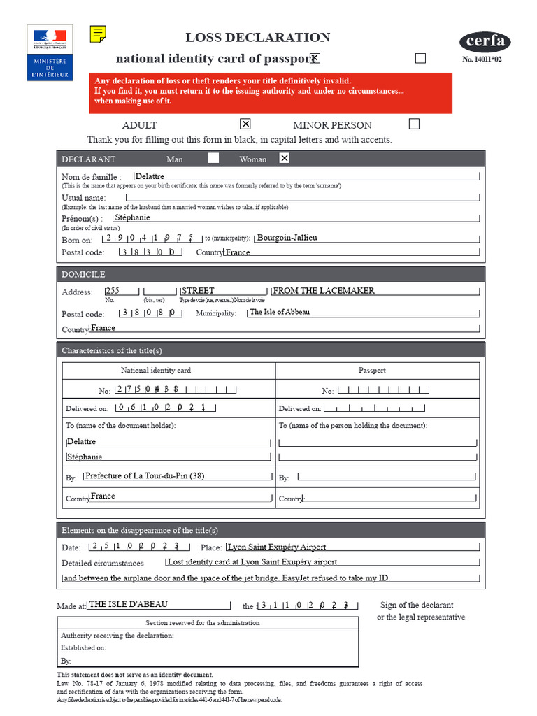 DECLARATION OF LOSS OF IDENTITY CARD CNI | PDF | Identity Document ...