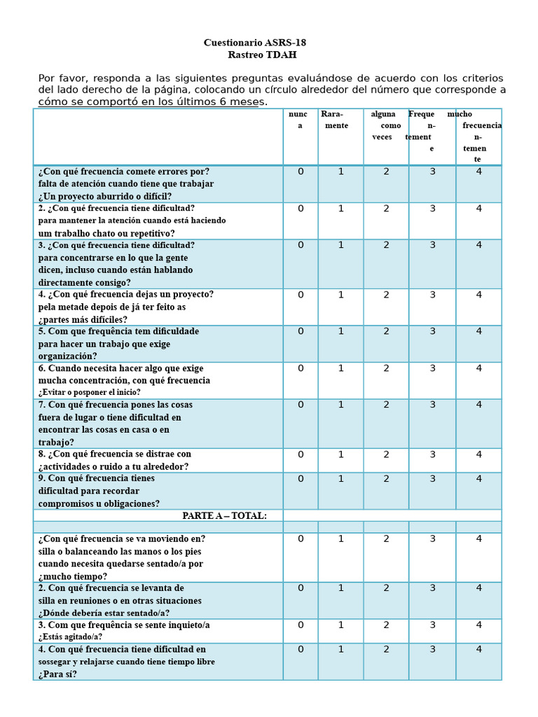 Cuestionario ASRS-18 para TDAH | PDF | Desorden hiperactivo y deficit ...