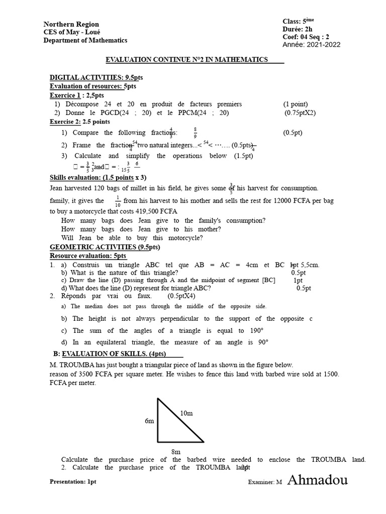 Eval 2 Maths 5th Grade 2021 MLoué | PDF | Numbers | Discrete Mathematics