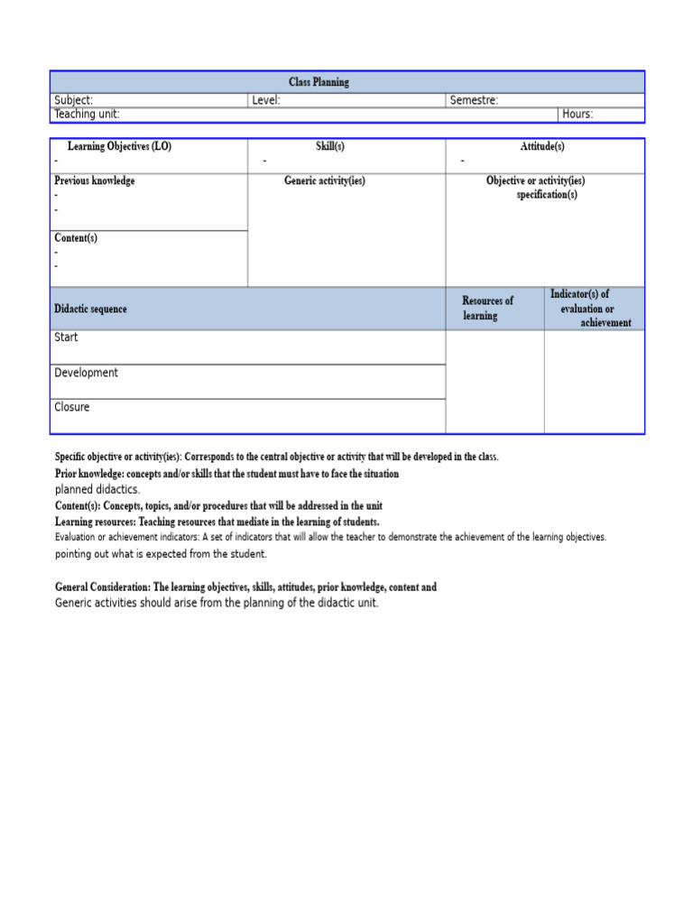 Class-by-Class Planning Format Educate Chile | PDF