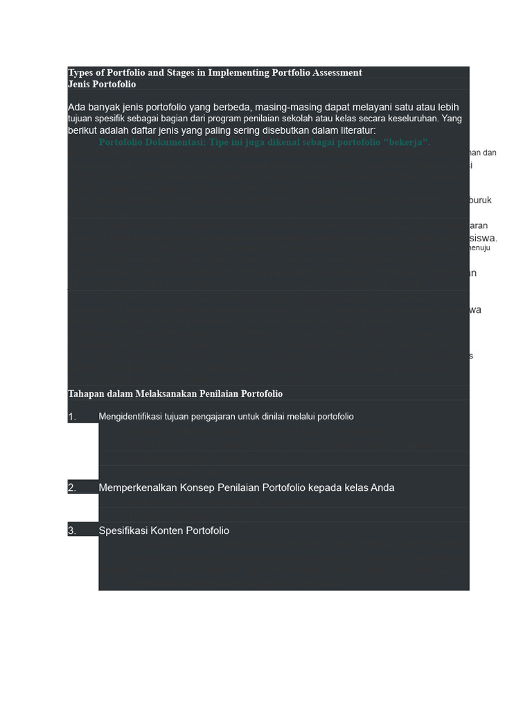 Jenis Portofolio Dan Tahapan Dalam Melaksanakan Penilaian Portofolio | PDF
