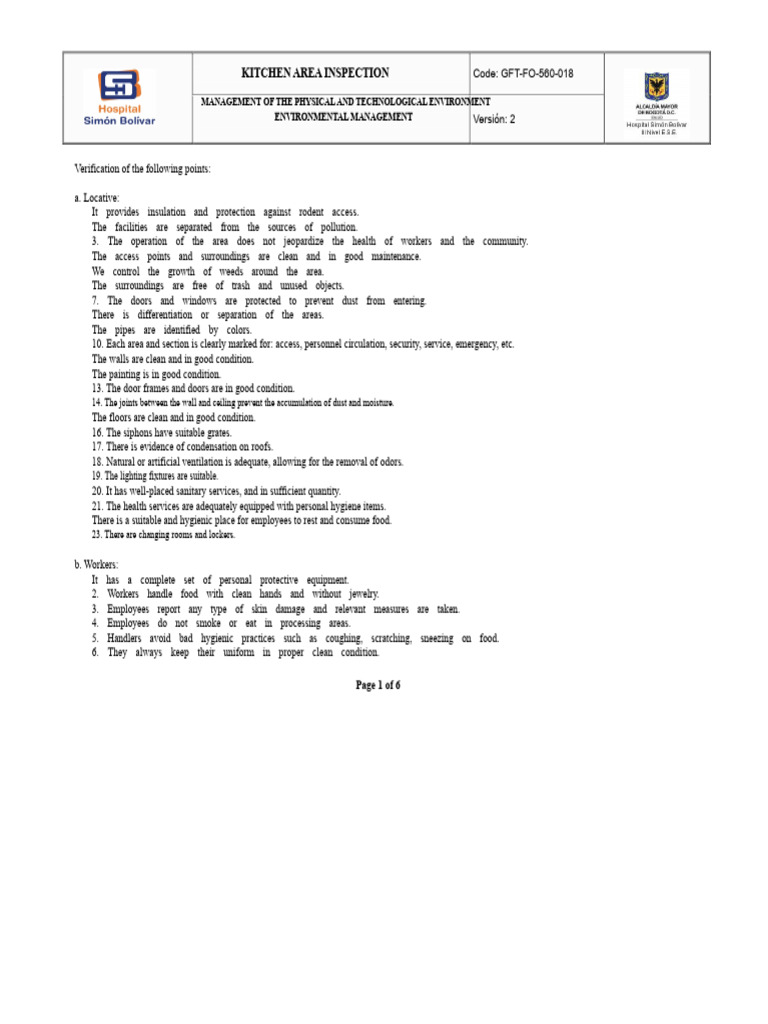 Gft Fo 560 018 Kitchen Area Inspection Pdf Hygiene Waste