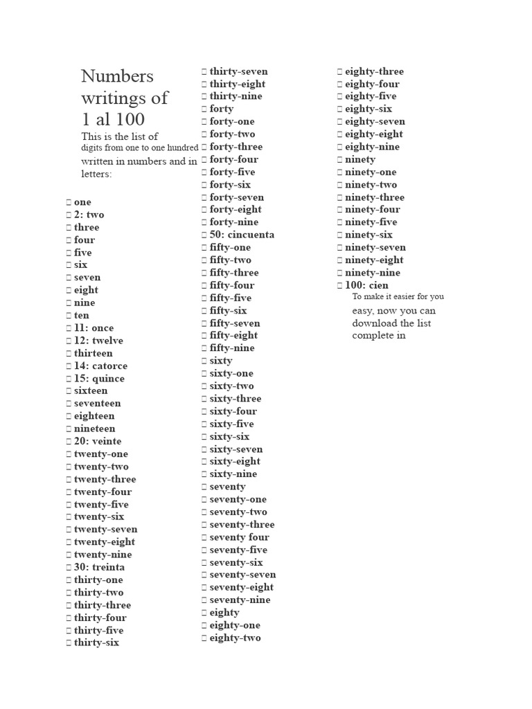 Number List 1 to 100 in Words | PDF