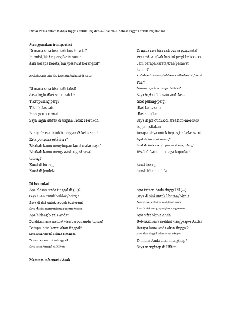 Frasa Bahasa Inggris untuk Perjalanan | PDF