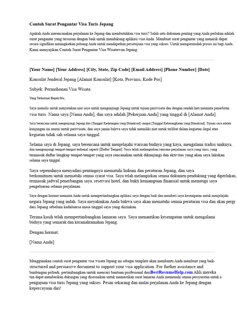 Contoh Surat Pengantar Visa Wisata Jepang | PDF