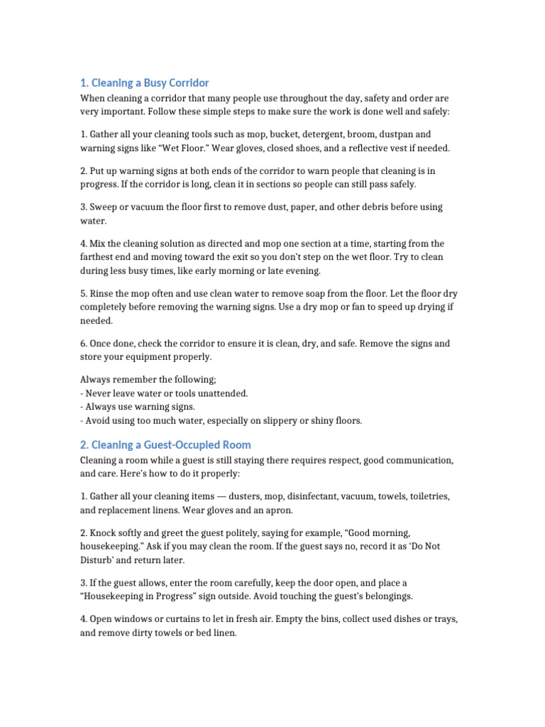 Corridor and Room Cleaning Guide | PDF | Housekeeping | Cleaning