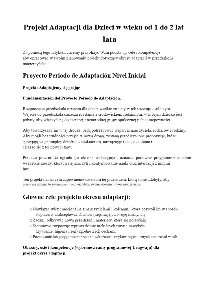 Projekt Adaptacji Dla Dzieci W Wieku Od 1 Do 2 Lat | PDF