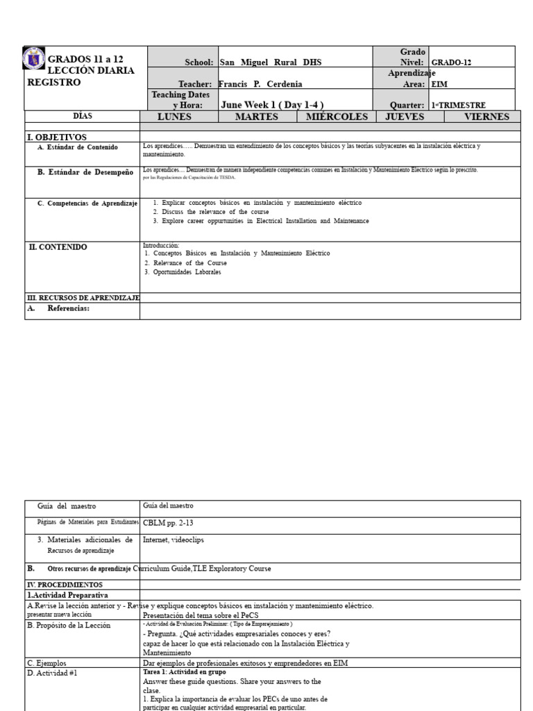 DLL EIM Grado 11 y 12 Junio Semana 1 | PDF | Aprendizaje