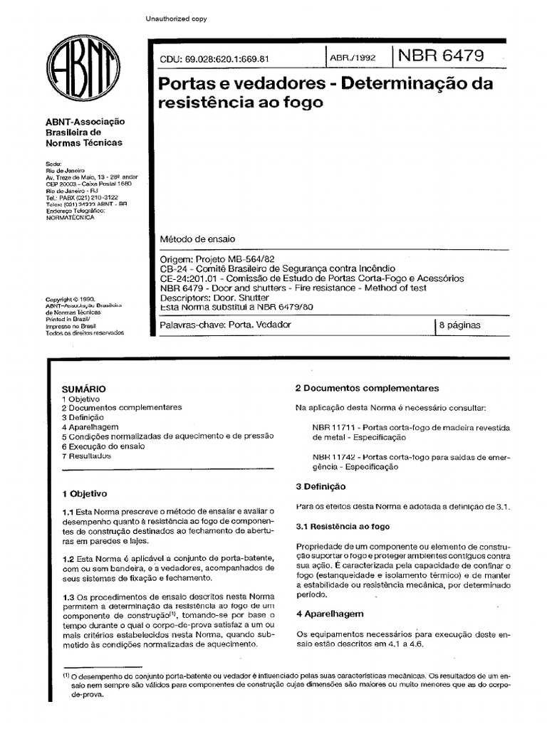 NBR 6.479 (1992 - Doors and Seals Determination of Fire Resistance) | PDF