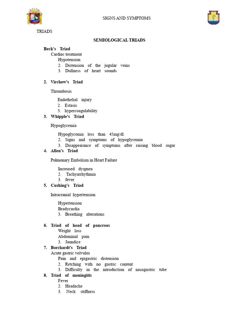 Important Triads in Medicine | PDF | Thrombosis | Adrenal Gland