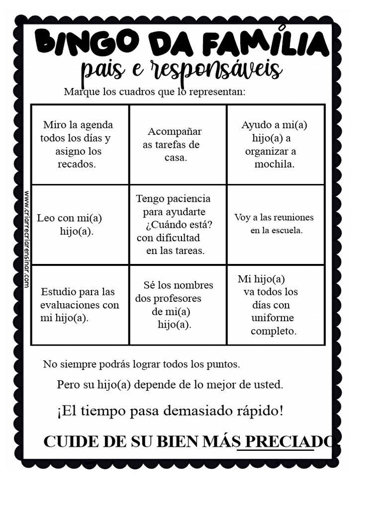 REUNIÓN DE PADRES - BINGO DE LA FAMILIA | PDF