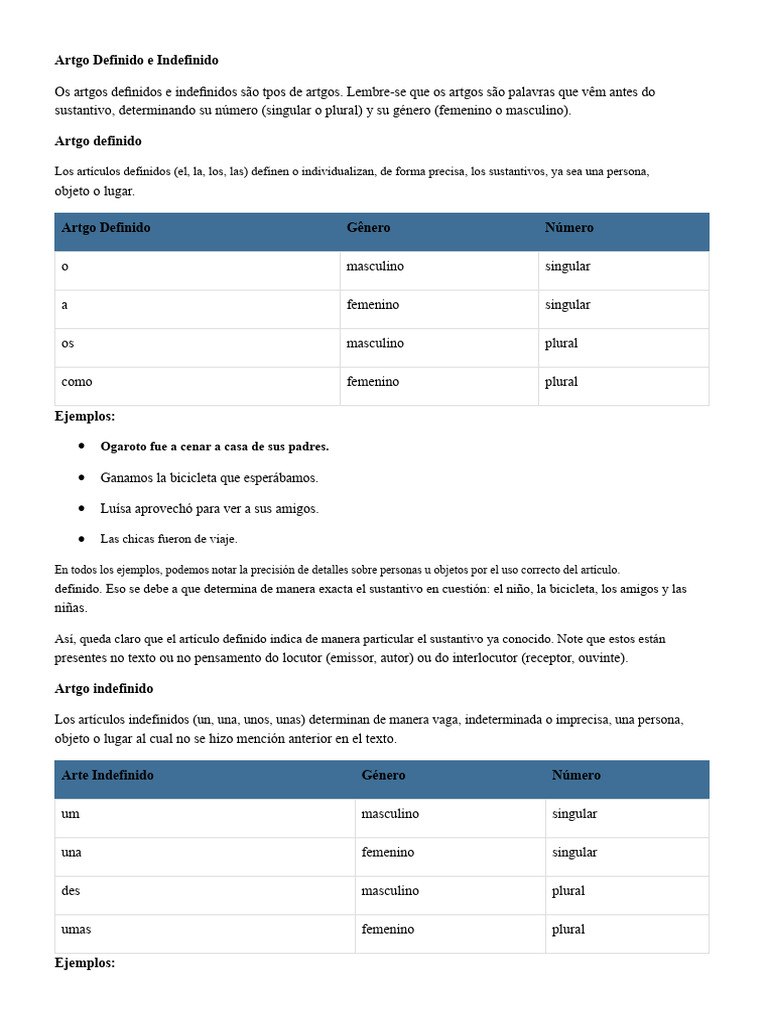 artículo Definido e Indefinido | PDF | Sustantivo | Gramática