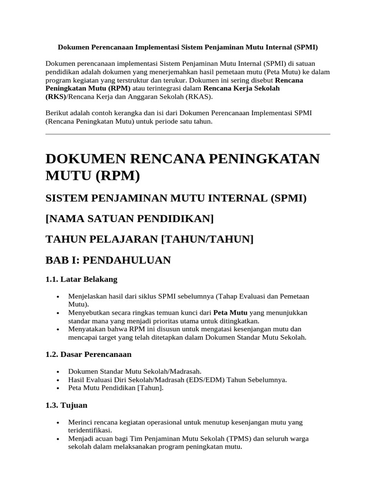 Contoh Dokumen Perencanaan Implementasi Sistem Penjaminan Mutu Internal ...