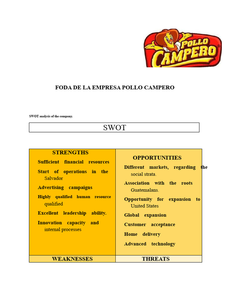 Swot Analysis of The Company Pollo Campero | PDF