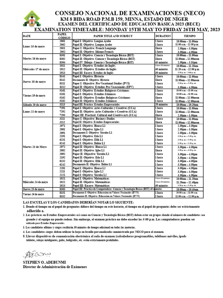 HORARIO DEL BECE 2023 | PDF