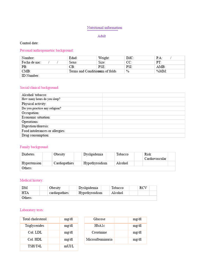 Nutrition Sheet For Adults | PDF | Cardiovascular Diseases | Eating