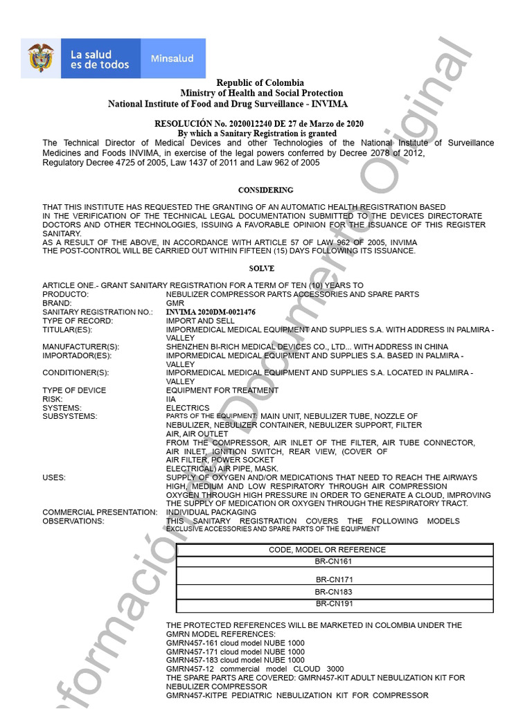 Sanitary Registration for GMR Nebulizer | PDF | Medical Device