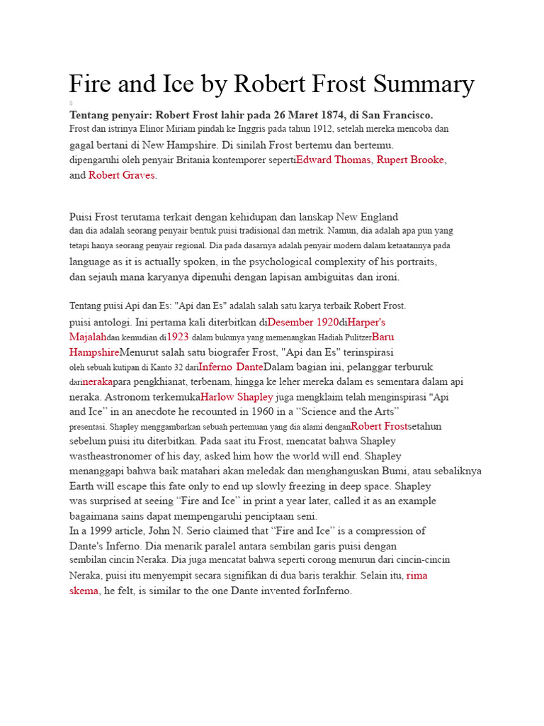 Fire and Ice by Robert Frost Summary: Tentang Penyair: Robert Frost ...