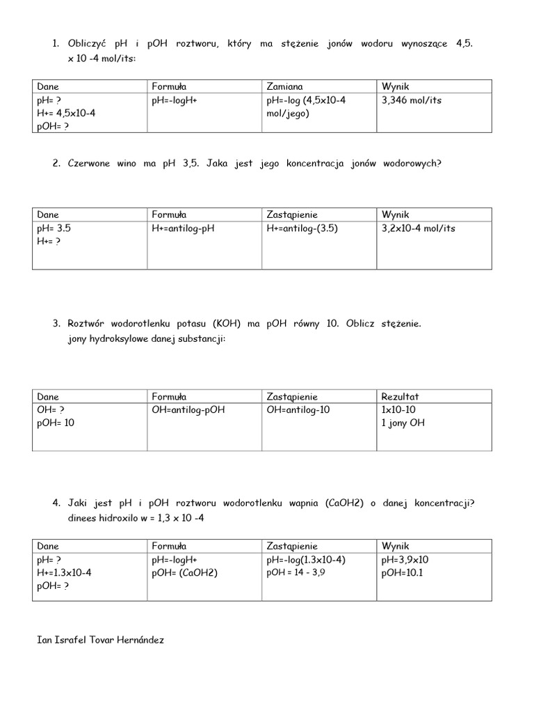 PH I pOH Ćwiczenia Chemia | PDF