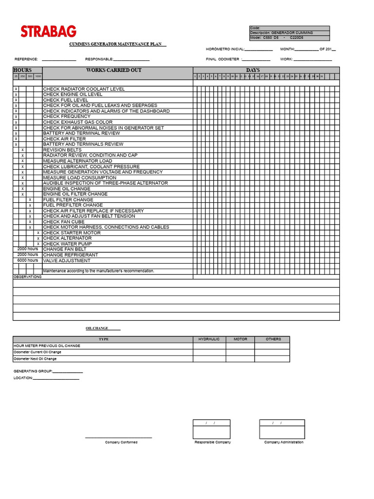 Cummins Generator Maintenance Checklist | PDF | Motor Oil | Electric ...