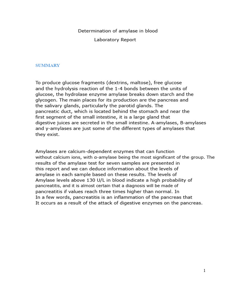 Blood Amylase Laboratory Report | PDF | Medical Specialties