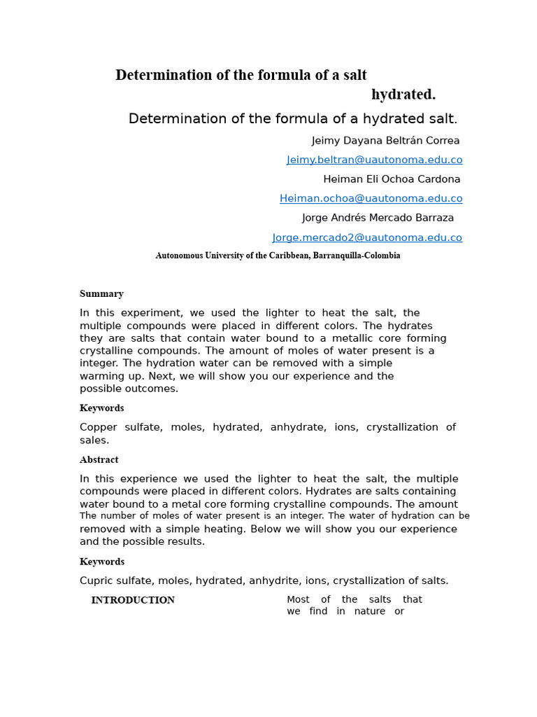 Report On The Determination of The Formula of A Hydrated Salt. | PDF ...