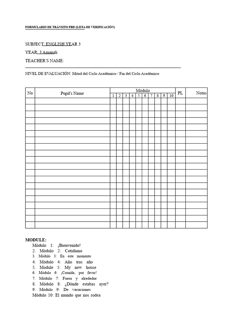 Formulario de Tránsito PBD - Año 3 en Inglés (Lista de Verificación ...