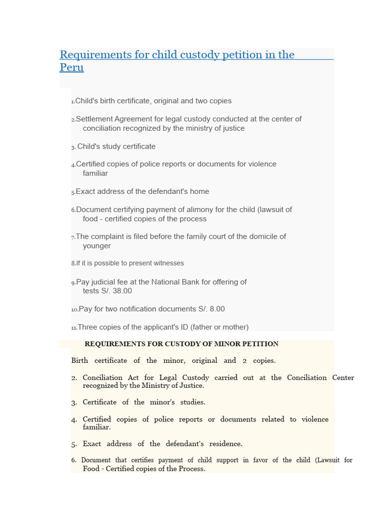 Requirements For Child Custody Lawsuit in Peru | PDF | Complaint | Lawsuit
