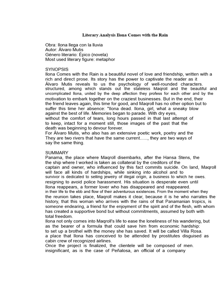 Literary Analysis of Ilona Comes With The Rain | PDF