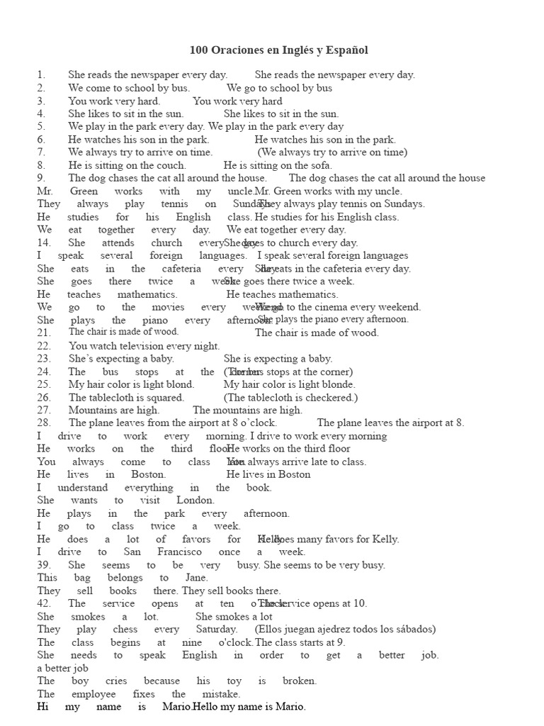 100 Bilingual English-Spanish Sentences | PDF | English Language