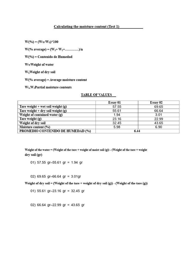 Calculations For Proctor Test | PDF | Density | Soil