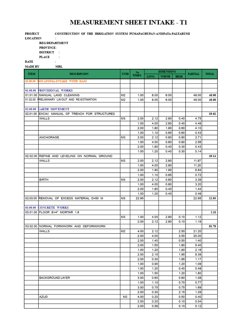 Measurement Sheet of Intake - Dam | PDF | Concrete | Building Technology