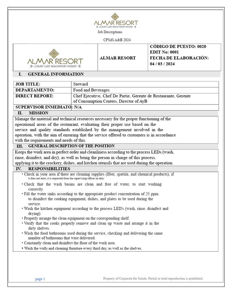 Steward Job Description 2024 | PDF | Chef | Hygiene