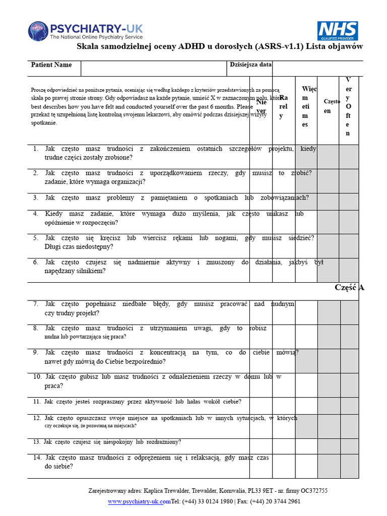Skala Samooceny ASRS-ADHD-2 2 | PDF