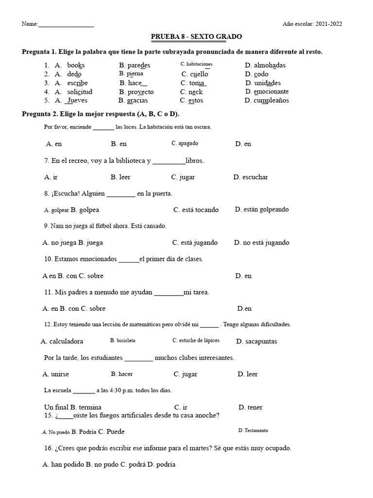 Prueba de Español Sexto Grado 2021-2022 | PDF | Gramática | Lingüística