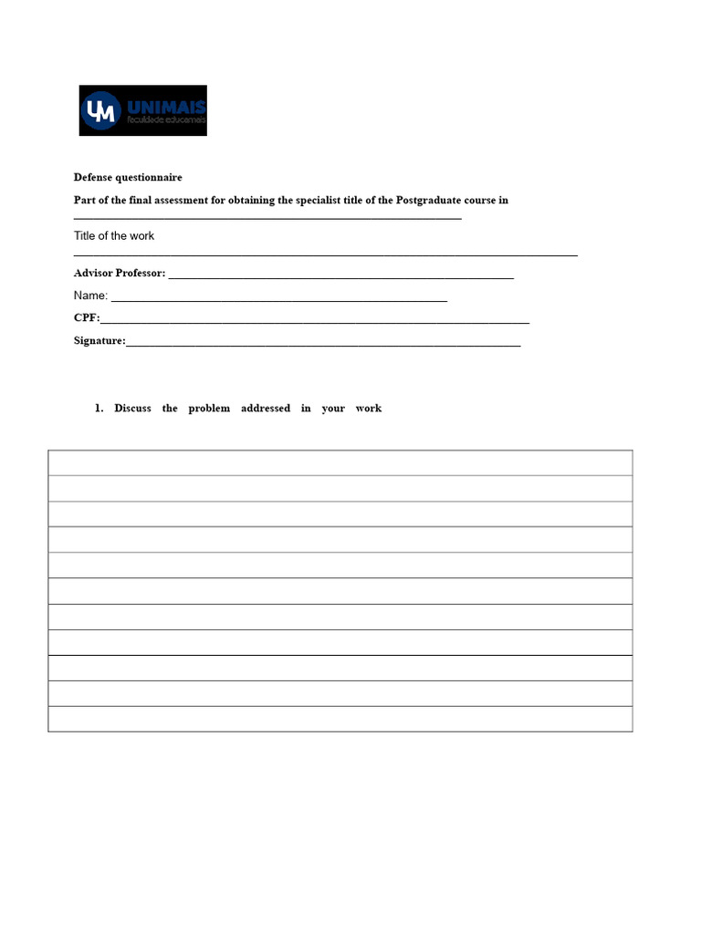 Thesis Defense Questionnaire - Unimais | PDF