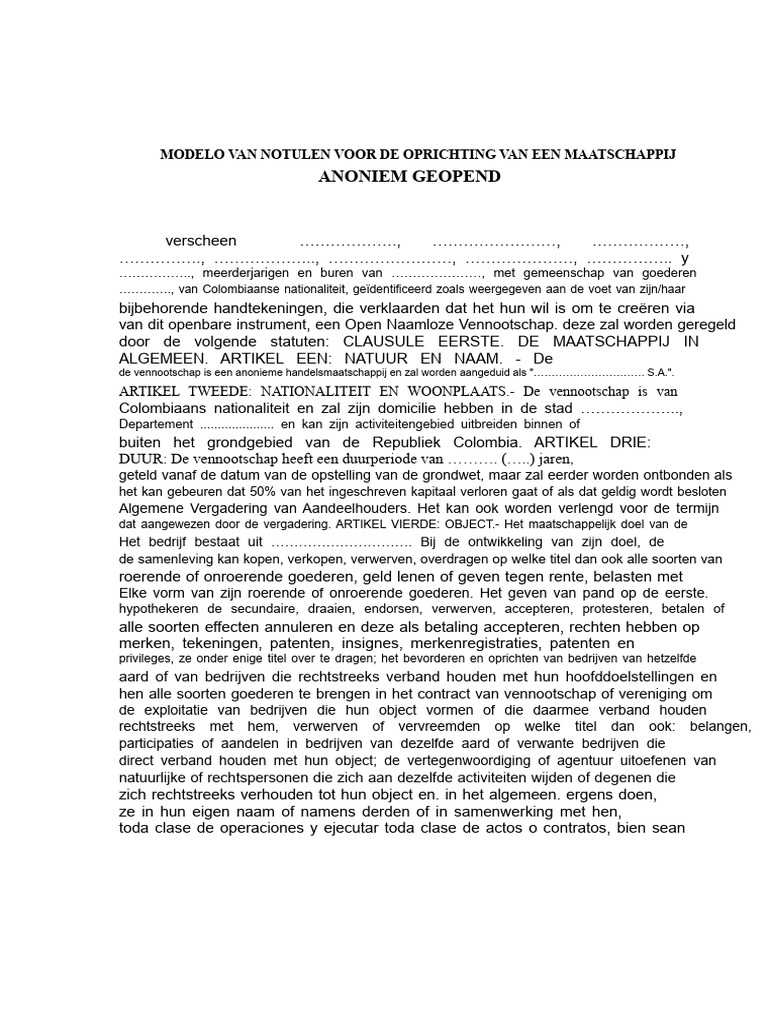 Model Van Akte Van Oprichtings Van Een Openbare Naamloze Vennootschap | PDF