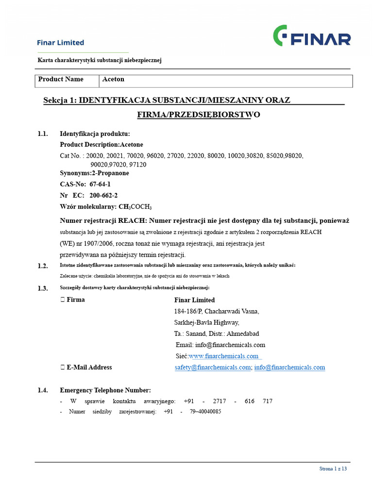 Aceton FINAR MSDS | PDF