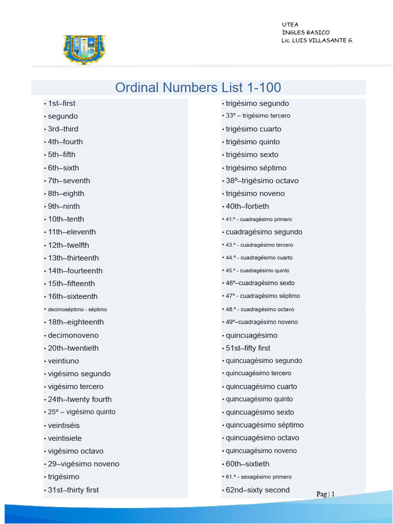 12 Números Ordinales Lista 1-100 | PDF