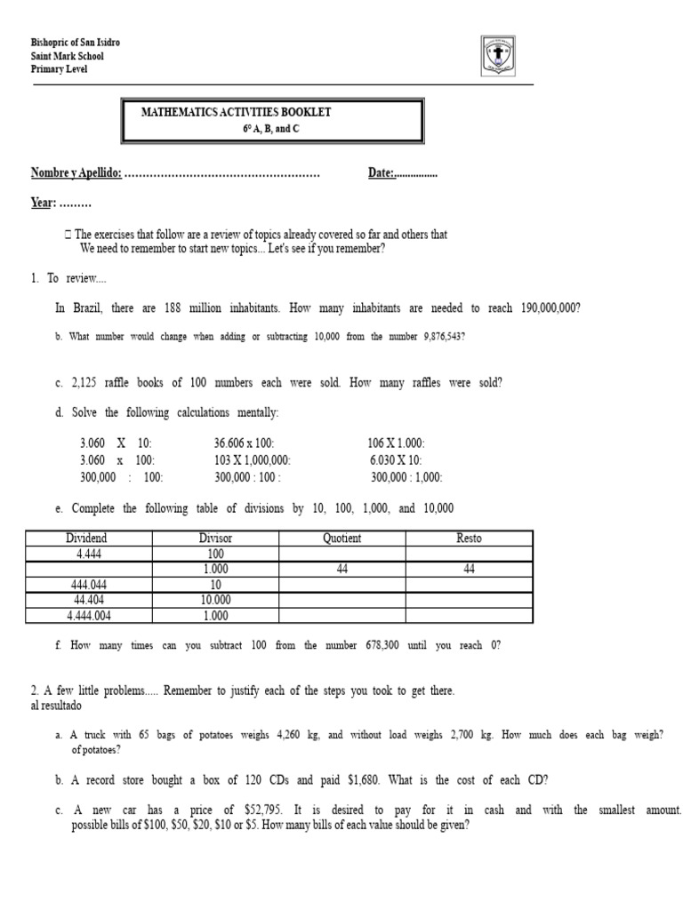 Activity booklet 6 ABC Math. | PDF | Division (Mathematics) | Circle