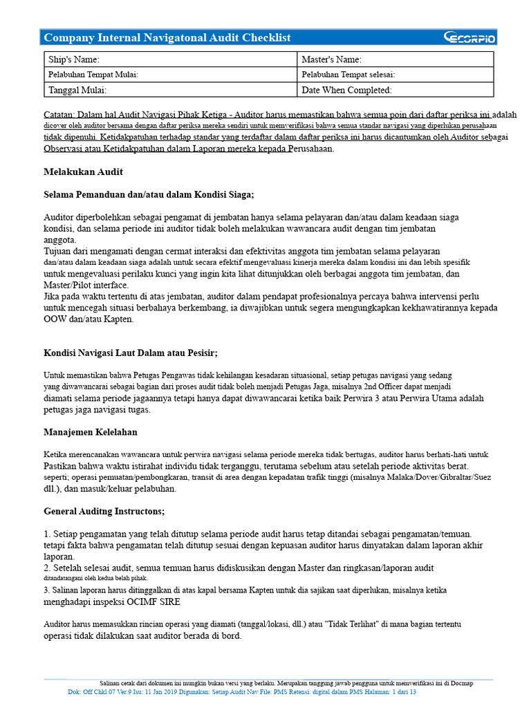 Daftar Periksa Audit Navigasi Internal Perusahaan Versi 9 | PDF