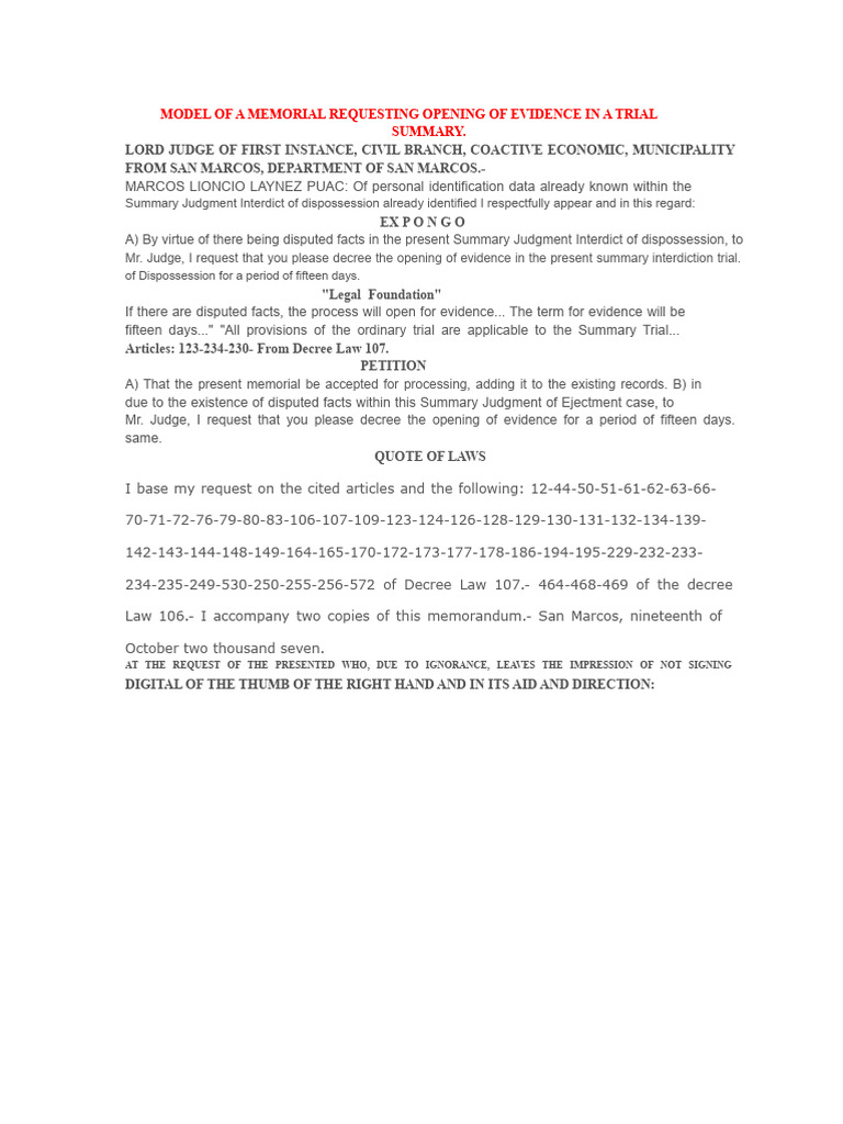 Model of A Memorial Requesting Opening of Evidence in A Summary Trial | PDF