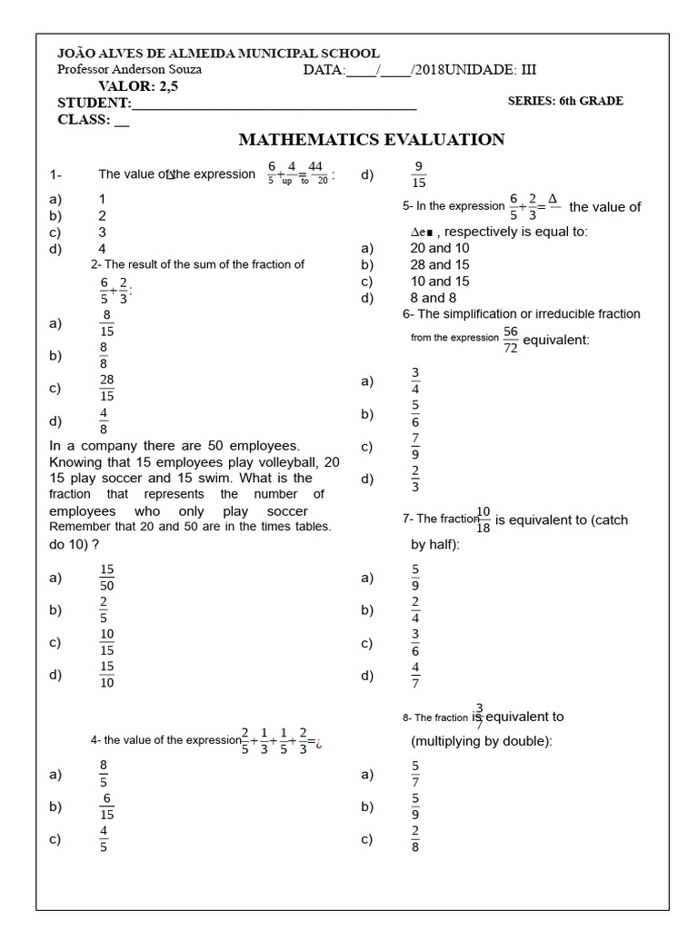 6th Grade Math Evaluation Document | PDF | Mathematics | Arithmetic