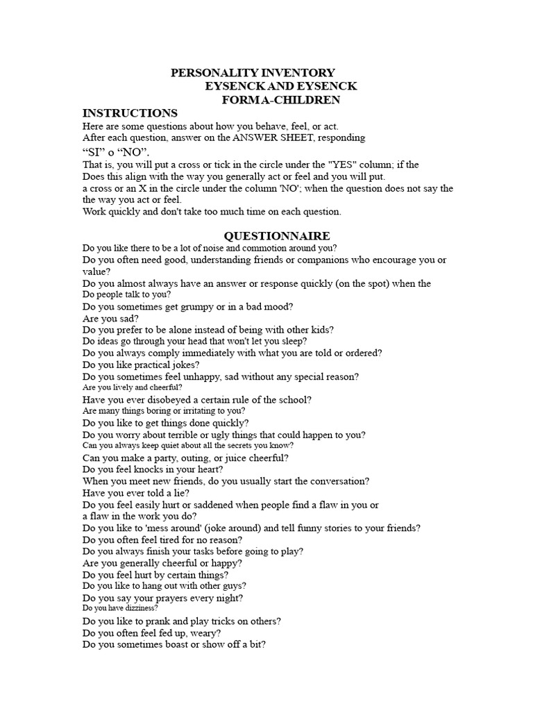 Eysenck Personality Inventory for Children | PDF | Extraversion And ...
