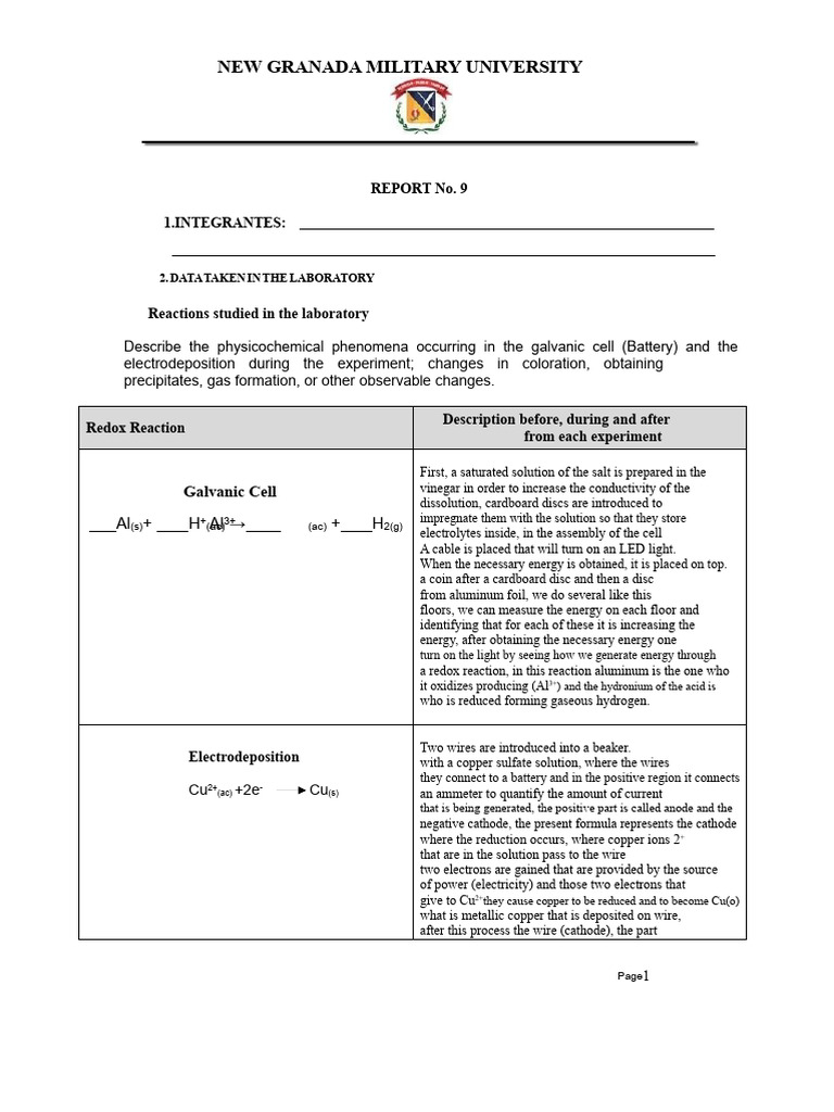 Practice No. 9 Redox Reactions Application and Electrochemistry.docx | PDF | Mole (Unit) | Redox