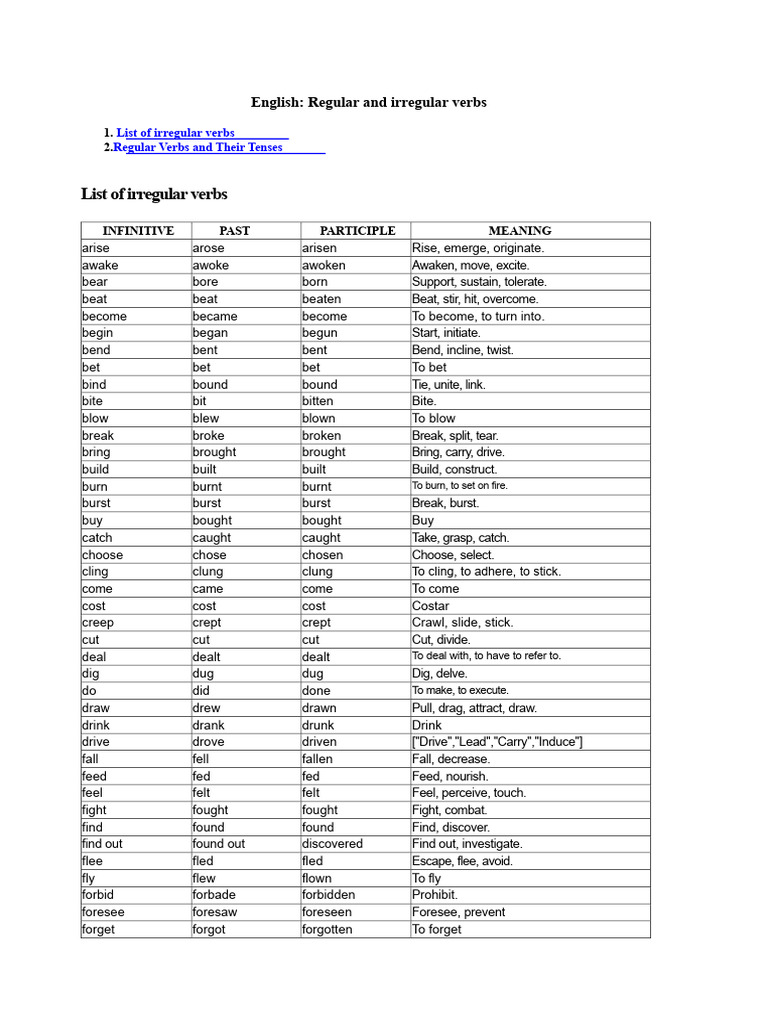 Regular and Irregular Verbs List | PDF | Linguistic Morphology ...