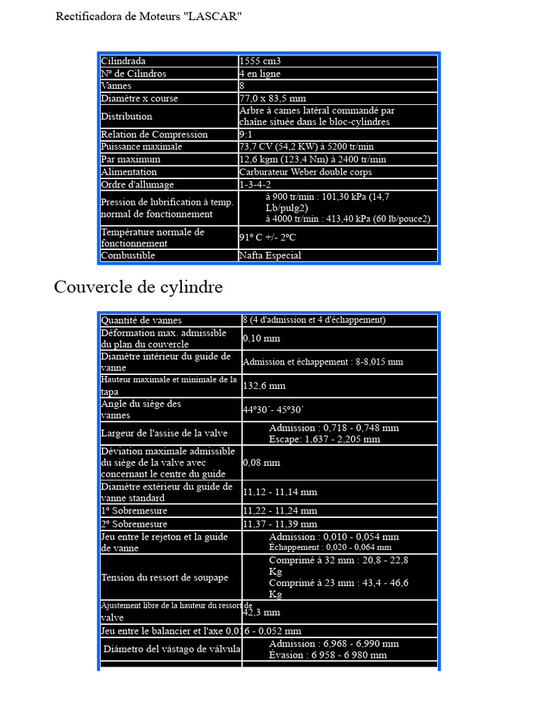 Spécifications Techniques Moteur LASCAR | PDF | Piston | Organe d'un ...