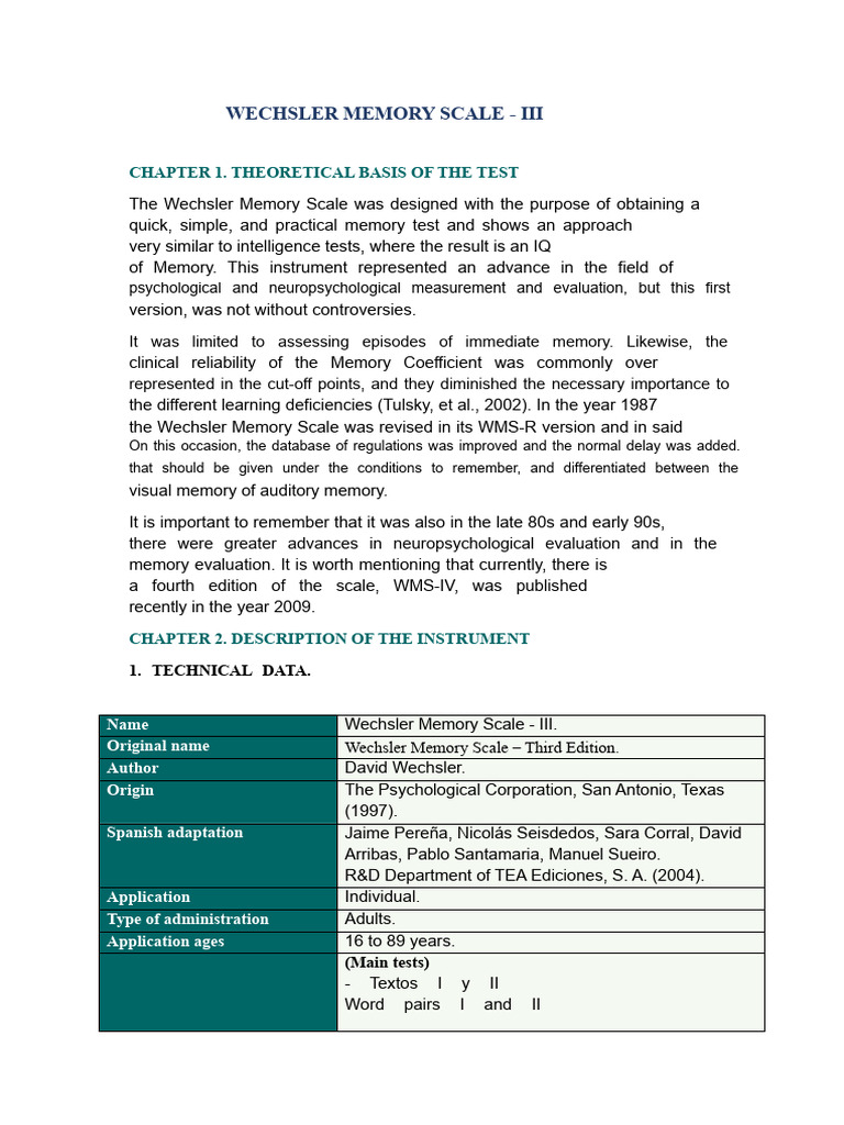 Wechsler Memory Scale Iii | PDF | Wechsler Adult Intelligence Scale | Mental Processes