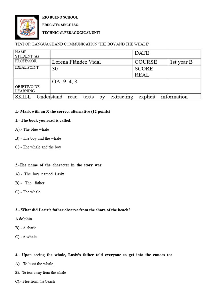 Language Test: The Boy and the Whale | PDF