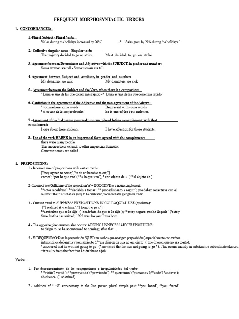 Frequent Morphosyntactic Errors | PDF | Verb | Grammatical Number